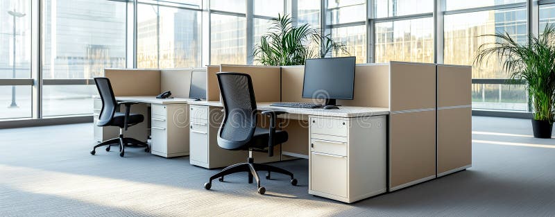 Modern Office Cubicles with Computers and Ergonomic Chairs in Bright ...