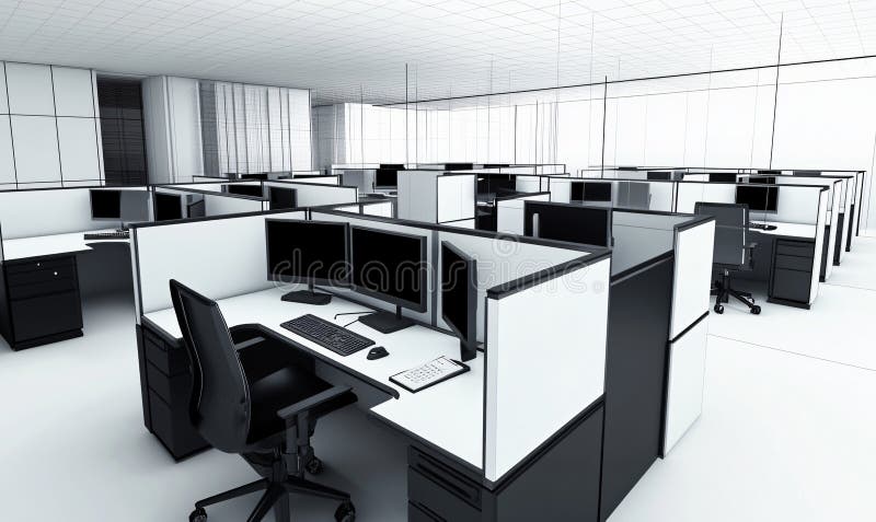 Modern Office Cubicles 3D Render with Grid Stock Illustration ...