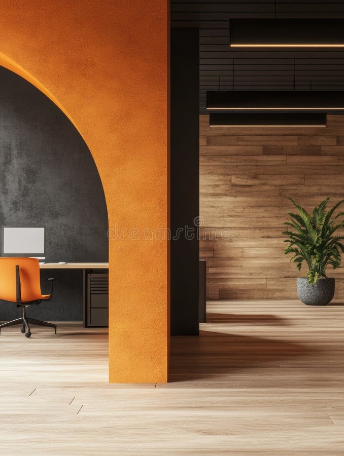 Modern Office with Curved Archway and Orange Wall Stock Image - Image ...