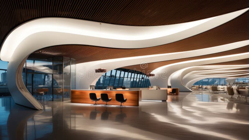 Modern Office with Curved Ceiling and Large Windows Stock Illustration ...