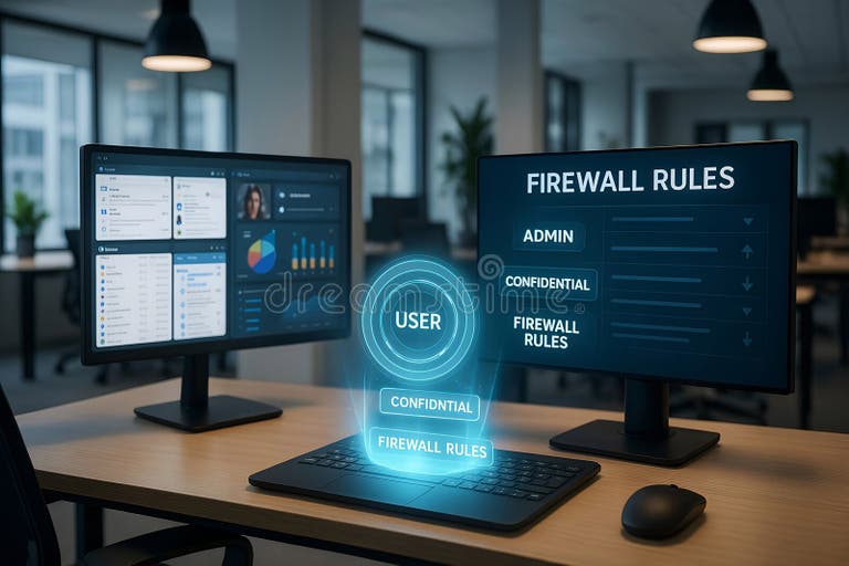 Modern Office Cybersecurity Concept Illustrating Firewall Rules and ...