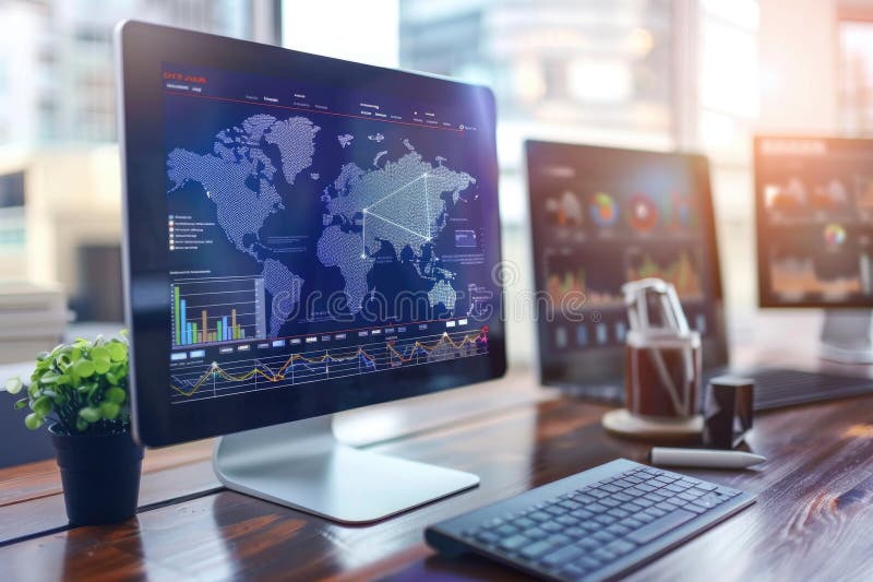 Modern Office with Data Analytics on Computer Screen and Global ...