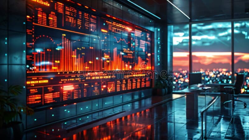 Modern Office with Data Visualization Screen and City View at Sunset ...