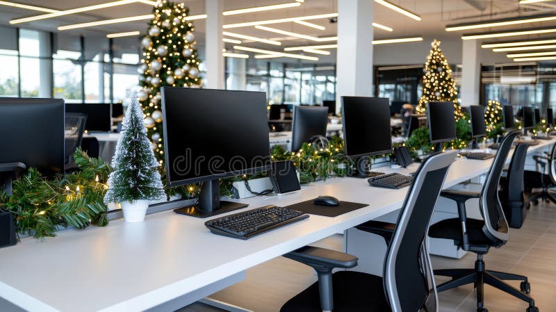 Modern Office Decorated for Holidays with Christmas Trees and Festive ...