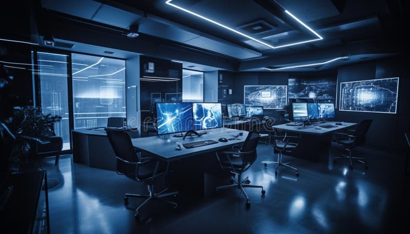 Modern Office Design with Bright Lighting, Computer Equipment and ...