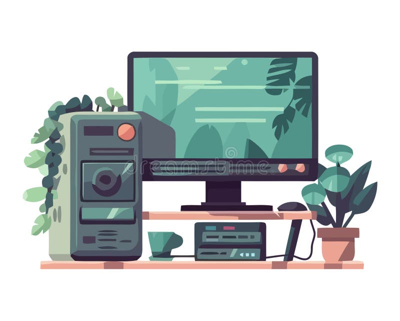 Modern Office Design with Computer Equipment and Plants Stock Vector ...