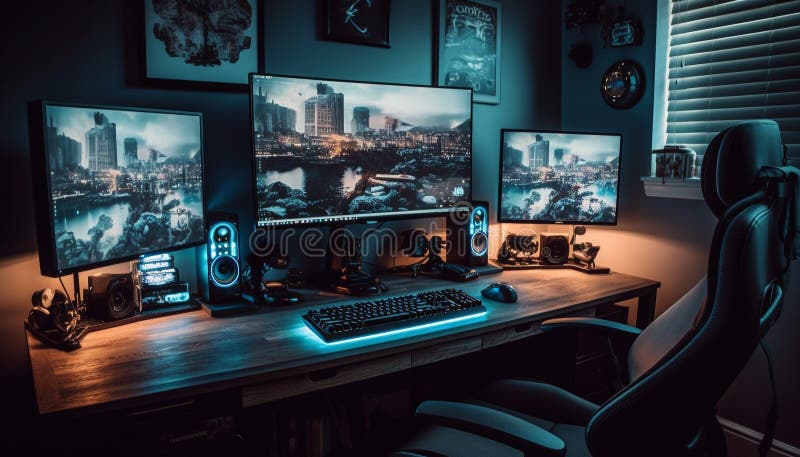 Modern Office Design with Computer Equipment, Skyscraper Cityscape ...