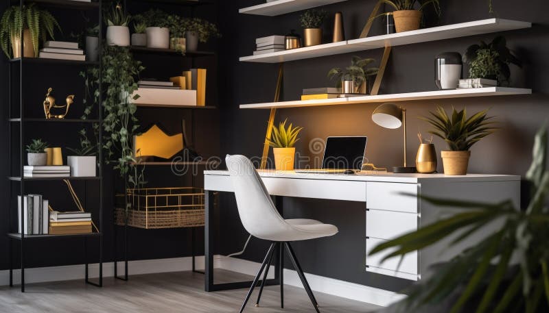 Modern Office Design with Computer and Plants Generated by AI Stock ...