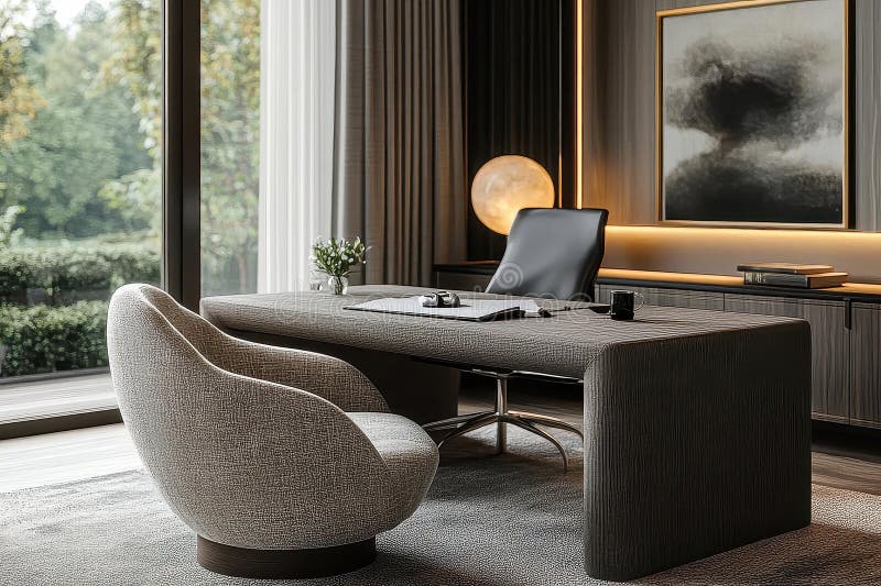 Modern Office Design with Dark Wood and a Large Window - Minimalist ...