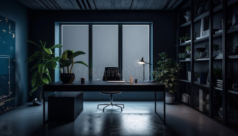 Modern Office Design with Empty Desk and Illuminated Electric Lamp ...