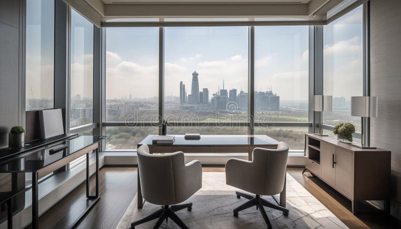 Modern Office Design Featuring Panoramic Cityscape View Generated by AI ...