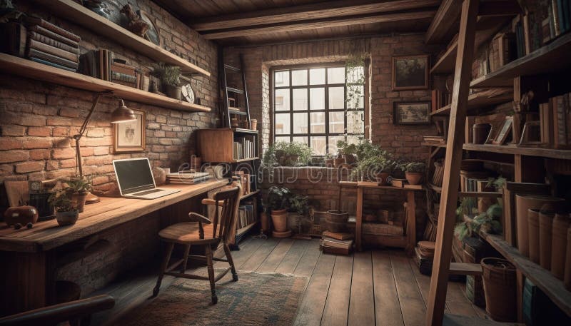 Modern Office Design with Rustic Charm, Book Collection and Technology ...