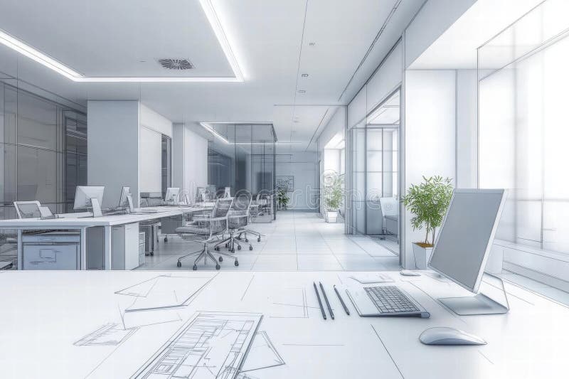 Modern Office Design Shows Architectural Drawing and Interior Design ...