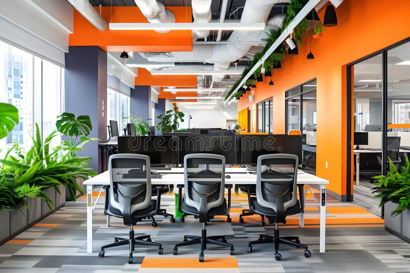 Modern Office Design, Vibrant Orange Walls, Plants, and Ergonomic ...