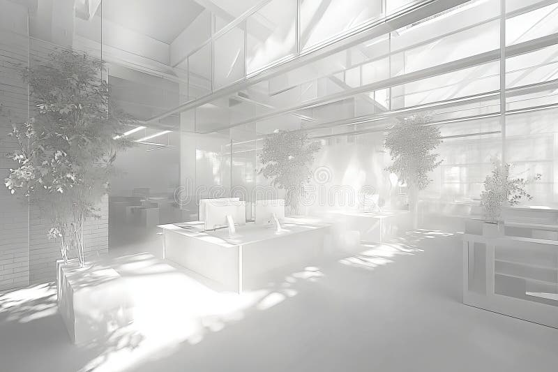 Modern Office Design in White, with Work Tables, Green Plants, and a ...
