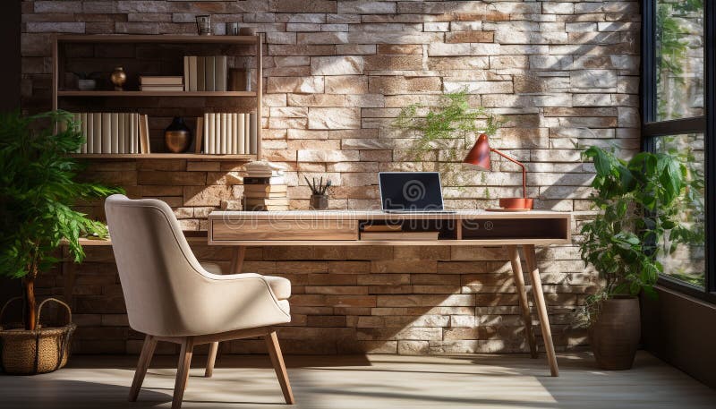 Modern Office Design with Wooden Table and Chair, Computer Technology ...