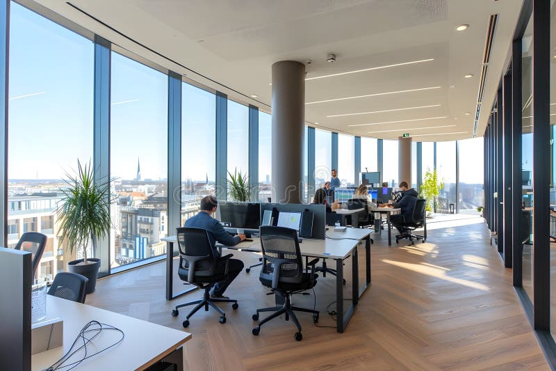 Modern Office Design: Workers Collaborate at Desks with Panoramic City ...