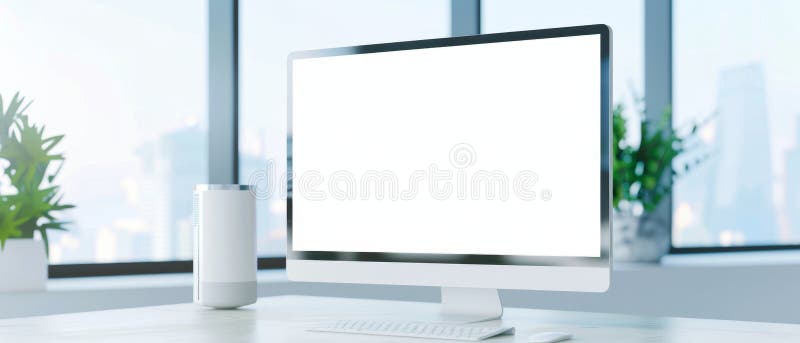 Modern Office Desk with a Blank Screen Desktop Monitor for Website or ...