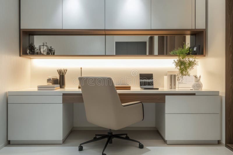 A Modern Office with a Desk, Built-in Storage, and Large Mirrors ...