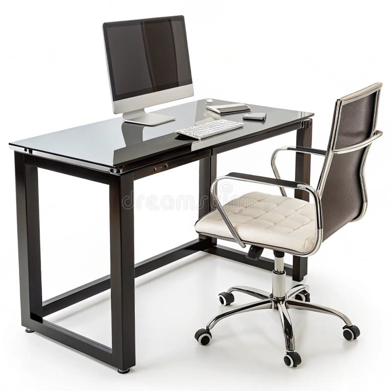 Modern Office Desk with Chair and Computer Isolated on White Background ...