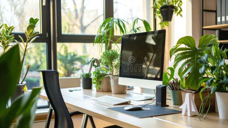 Modern Office with Desk, Chairs, and Large Window Stock Image - Image ...