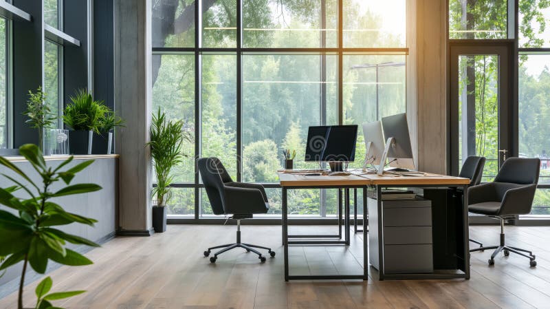 Modern Office with Desk, Chairs, and Large Window Stock Image - Image ...
