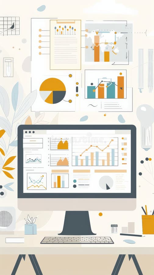 Modern Office Desk with Charts, Graphs, and Sticky Notes in a Vibrant ...