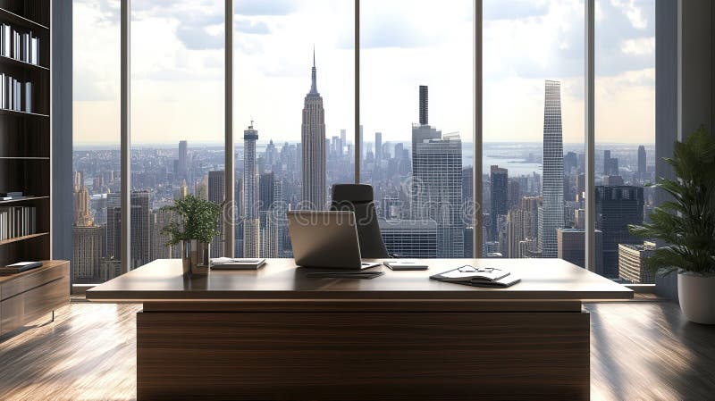Modern Office Desk with City Skyline View Stock Illustration ...