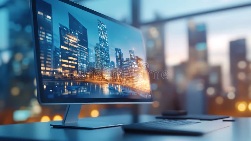 Modern Office Desk with Cityscape Screen Stock Illustration ...