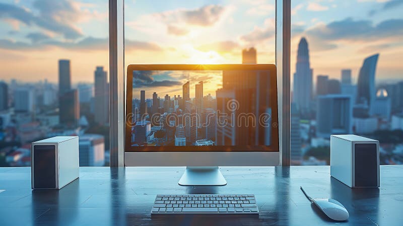 Modern Office Desk with Cityscape View at Sunset Stock Illustration ...