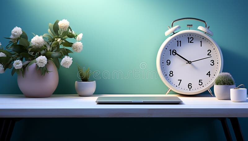Modern Office Desk with Clock, Book, Computer, and Plant Decoration ...