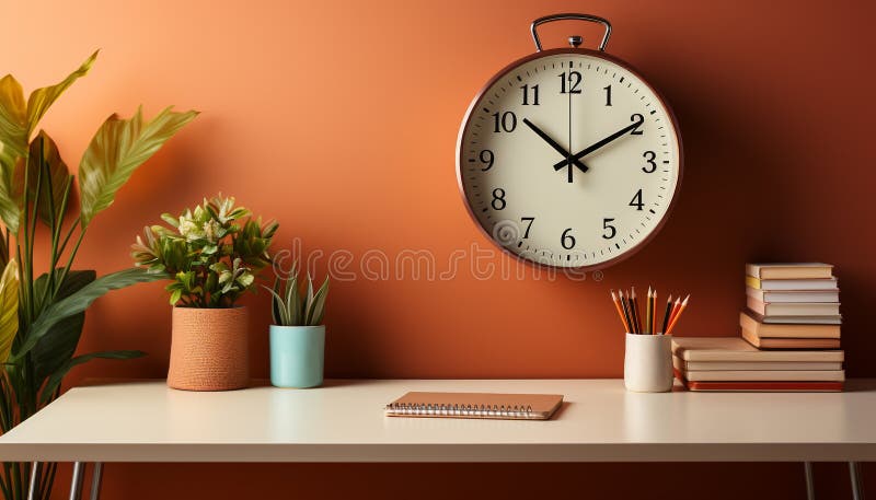 Modern Office Desk with Clock, Books, and Computer for Studying ...