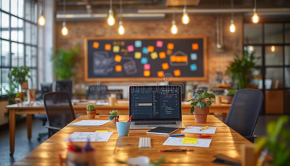 Modern Office Desk with Coding Monitor and Sticky Notes. Stock Image ...