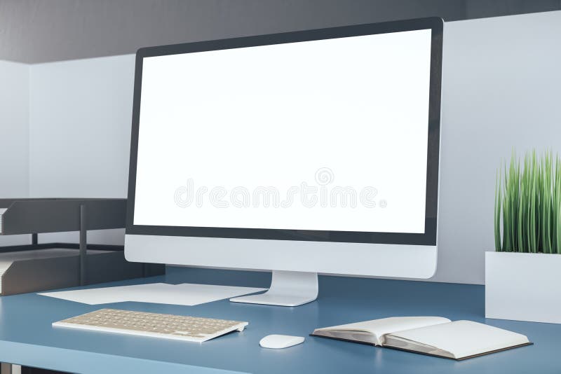 Modern Office Desk and Computer with Blank White Screen Editorial Stock ...