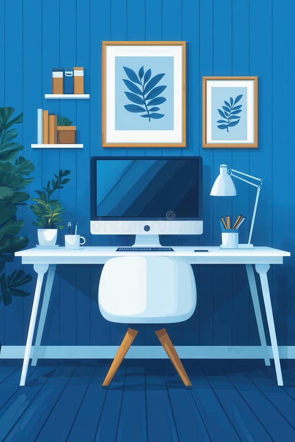 Modern Office Desk with Computer and Decor Against Blue Wall Stock ...