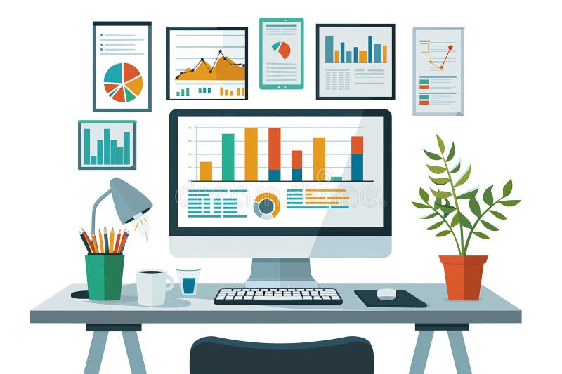 Modern Office Desk with Computer Displaying Data Analysis Charts and ...
