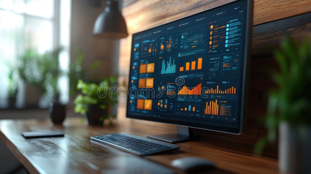 Modern Office Desk with Computer Displaying Data Analytics Stock ...