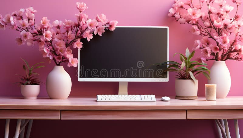 Modern Office Desk with Computer, Flower Vase, and Bookshelf Decoration ...