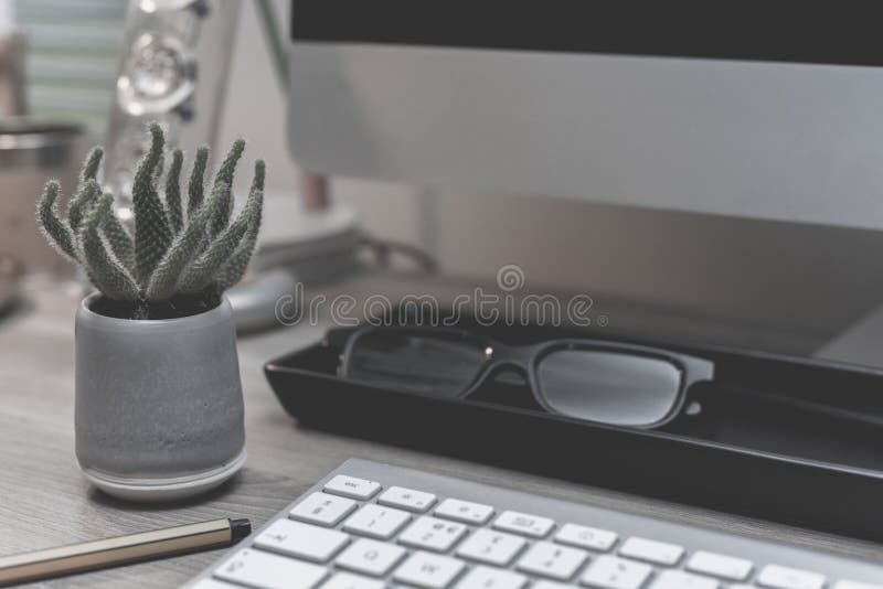 Modern Office Desk with Computer Keyboard and Office Objects on Wooden ...