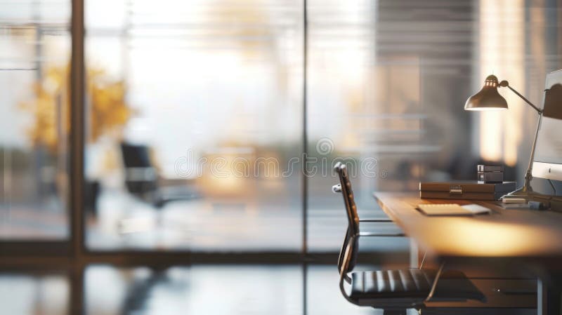 Modern Office Desk with Computer and Lamp at Sunrise in a Bright ...