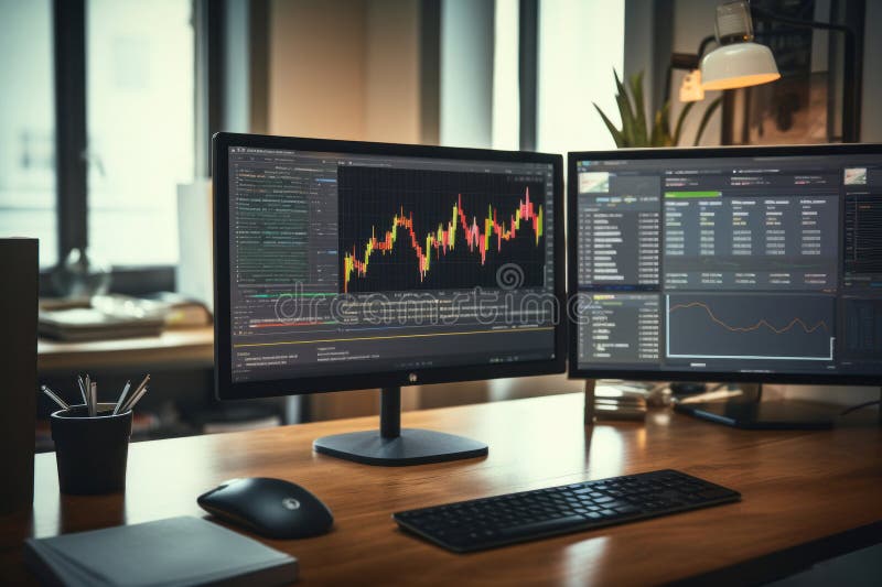 A Modern Office Desk with Computer Monitor and Chart Data Analysis ...