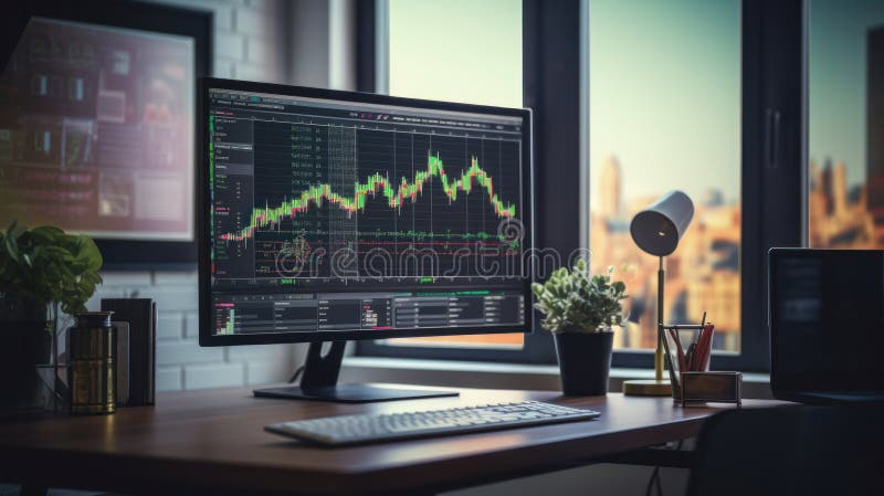 A Modern Office Desk with Computer Monitor and Chart Data Analysis ...