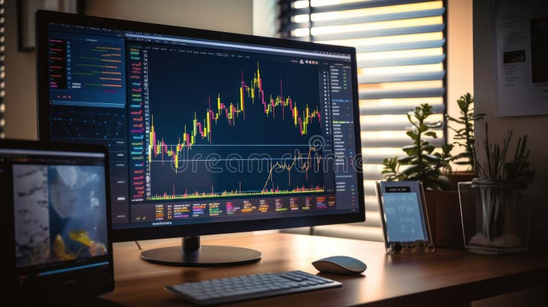 A Modern Office Desk with Computer Monitor and Chart Data Analysis ...