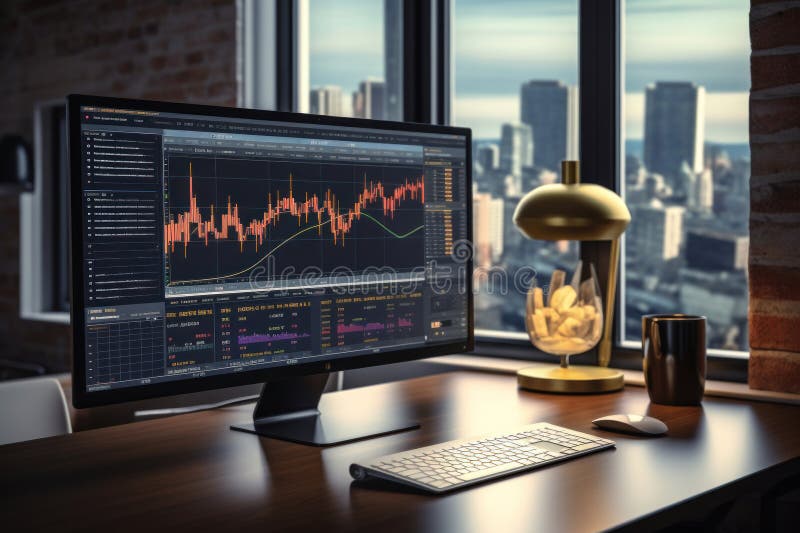 A Modern Office Desk with Computer Monitor and Chart Data Analysis ...