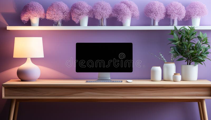 Modern Office Desk with Computer Monitor, Plant, and Book Collection ...