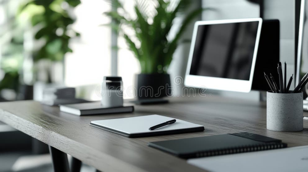 Modern Office Desk with Computer, Notebook and Pen, Emphasizing ...
