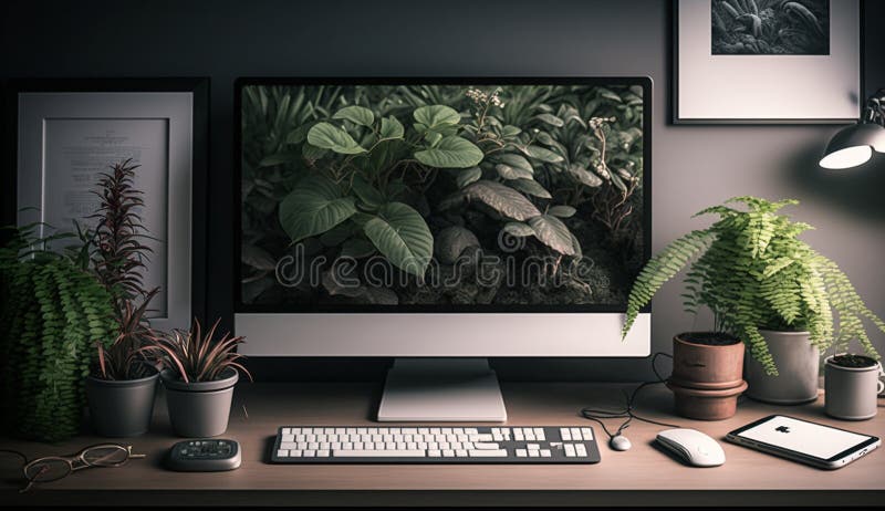 Modern Office Desk with Computer, Plant, and Design ,generative AI ...