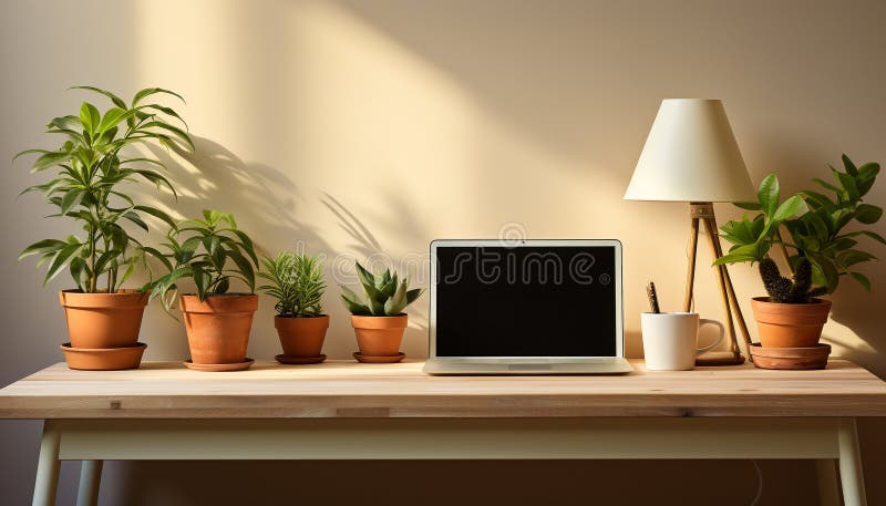 Modern Office Desk with Computer, Plant, and Sunlight Generated by AI ...