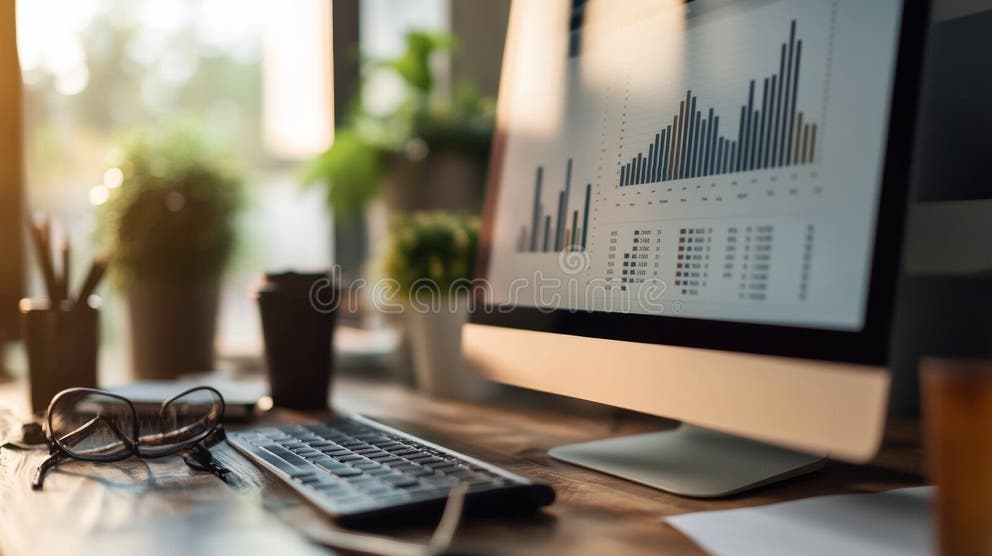 Modern Office Desk with a Computer Screen Displaying Graphs Stock Image ...