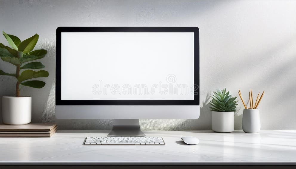 Modern Office Desk with Computer Screen Mockup, Keyboard, Mouse, and ...